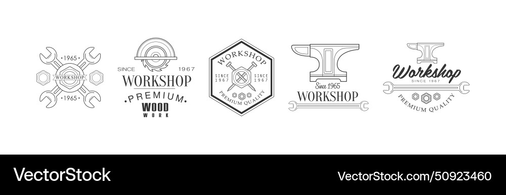 Workshop and woodworking craft label set Vector Image