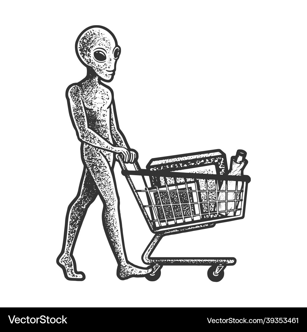 Alien shopping with cart sketch Royalty Free Vector Image