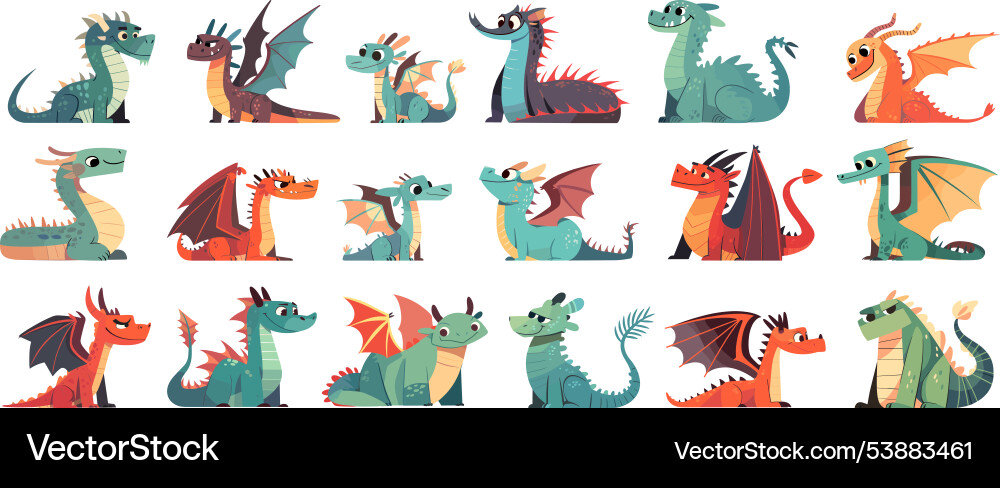 Cartoon dragons flat fantasy flying magic reptile Vector Image