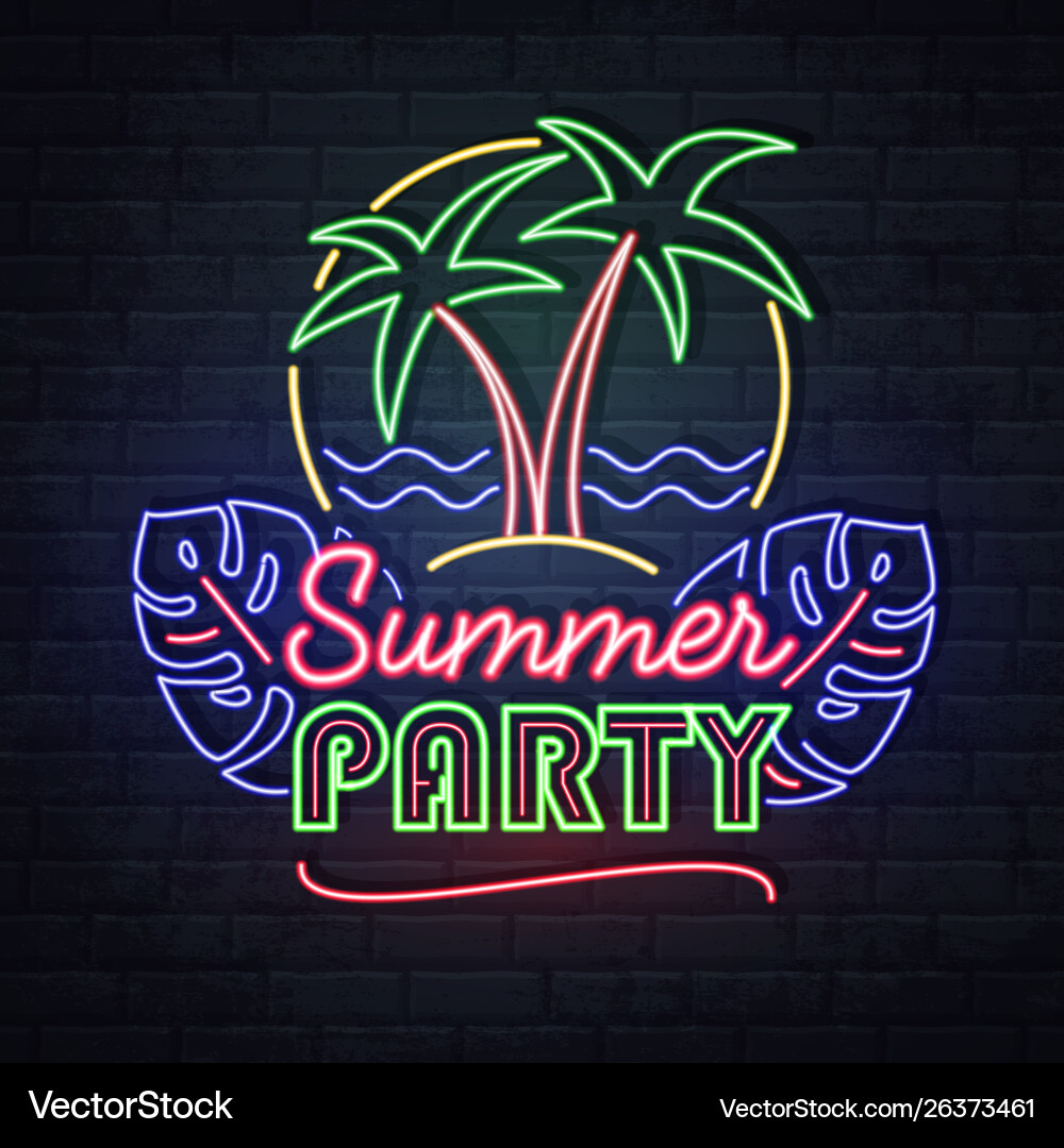 Neon sign summer party with fluorescent palm tree Vector Image