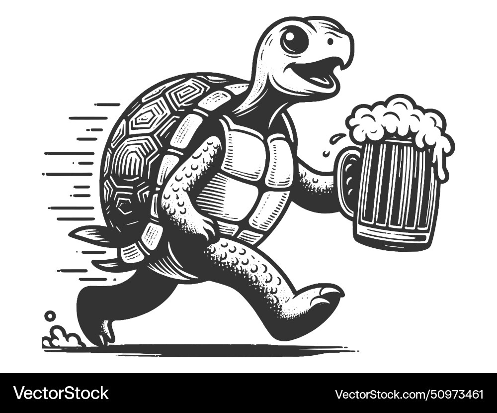Running turtle with beer mug engraving Royalty Free Vector