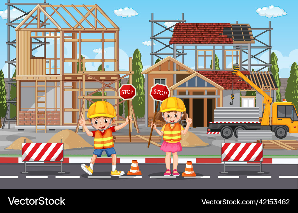 Building construction site and workers Royalty Free Vector