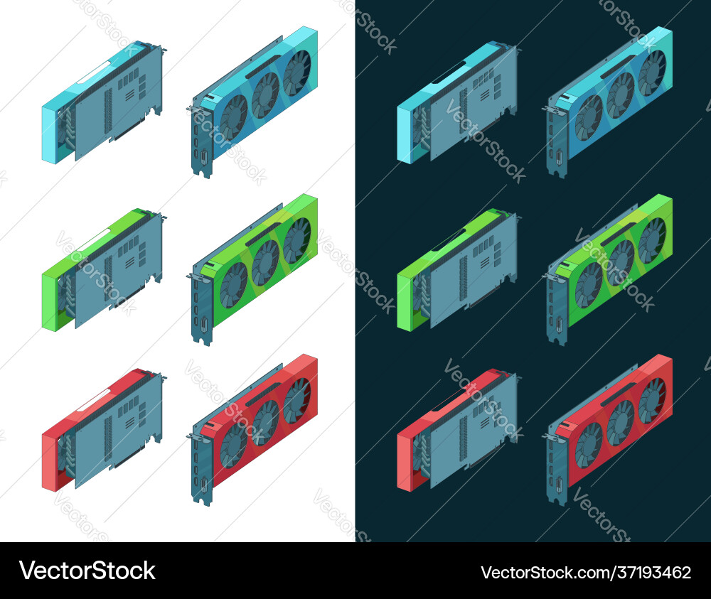 Video cards isometric color drawings set Vector Image