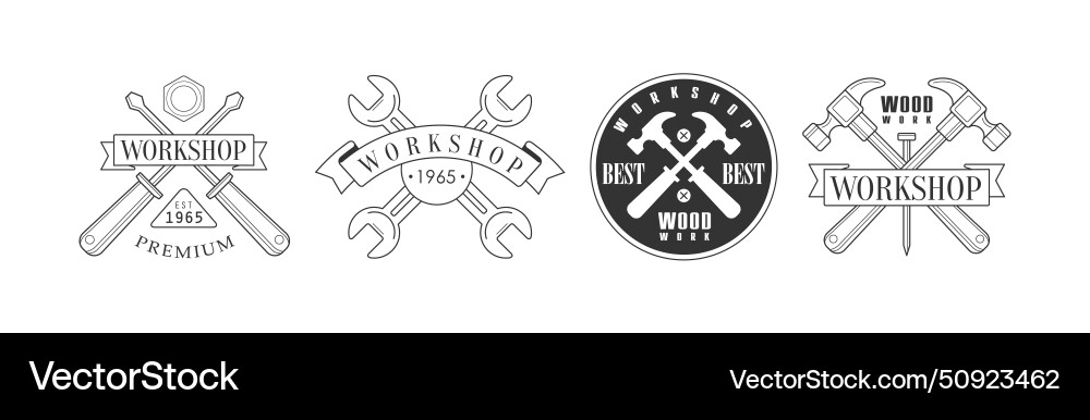 Workshop and woodworking craft label set Vector Image