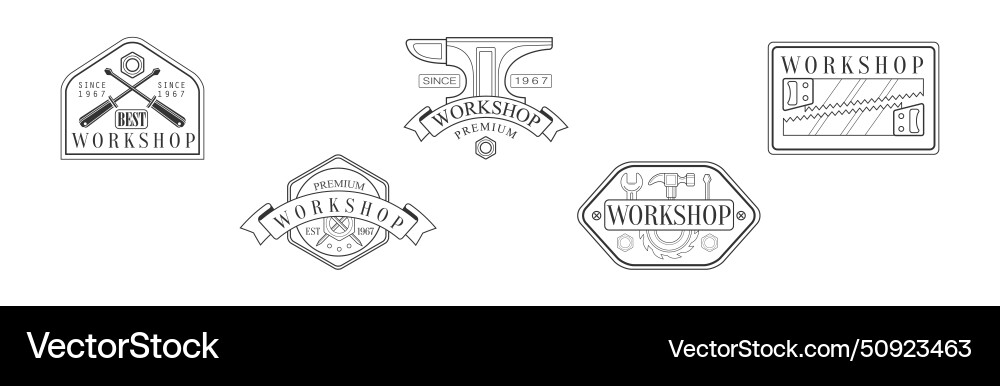 Workshop and woodworking craft label set Vector Image