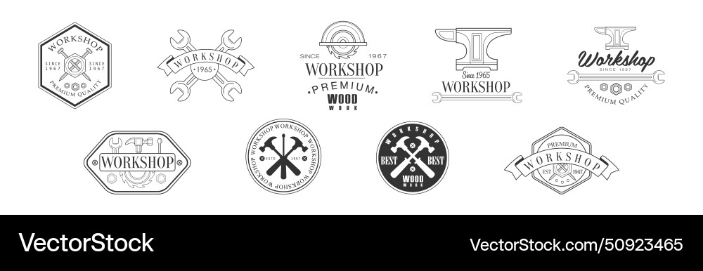 Workshop and woodworking craft label set Vector Image