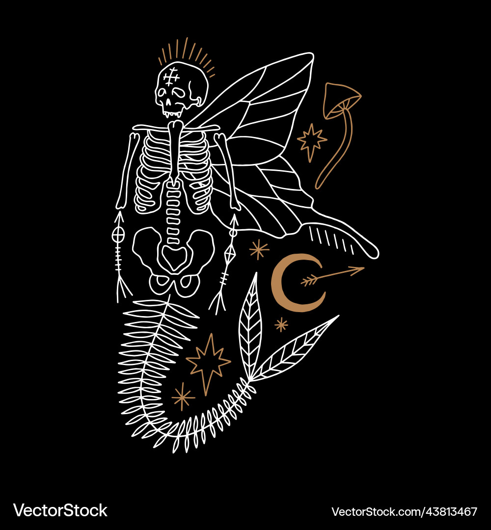 Moon celestial mermaid fairy skeleton dark boho Vector Image