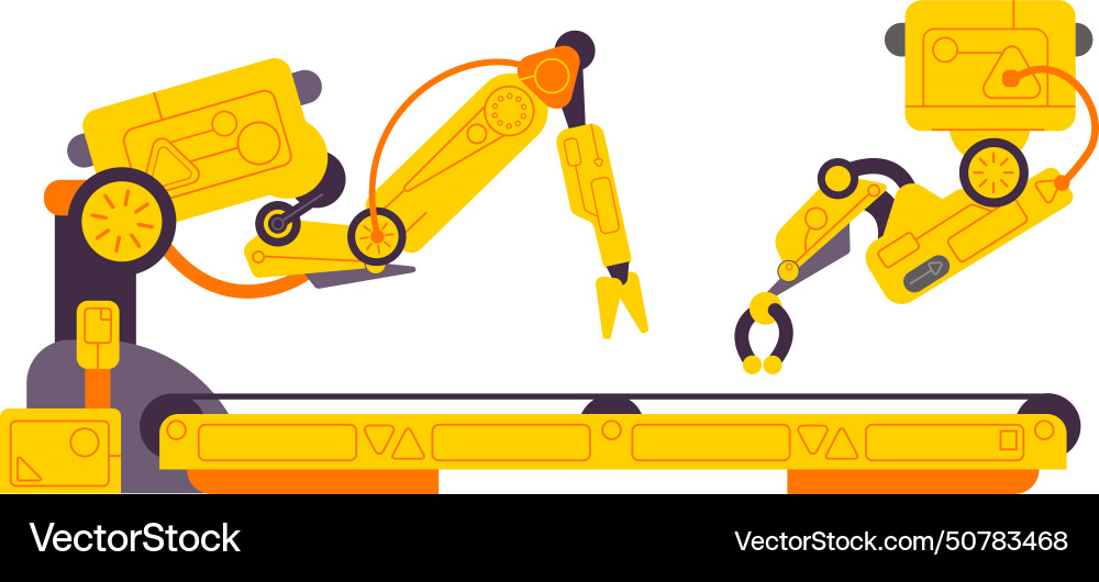 Assembly conveyor with robotic arm manufacture Vector Image