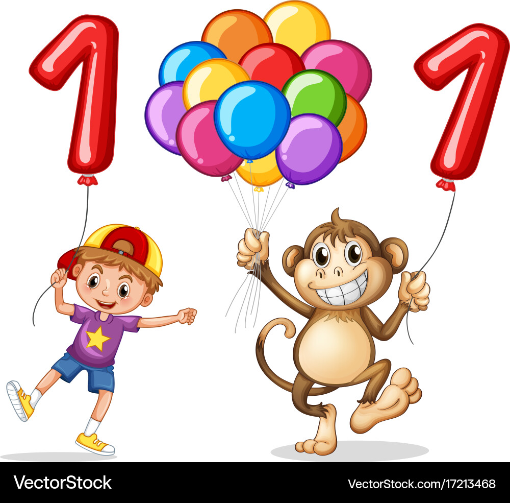Boy and monkey with balloon for number one Vector Image