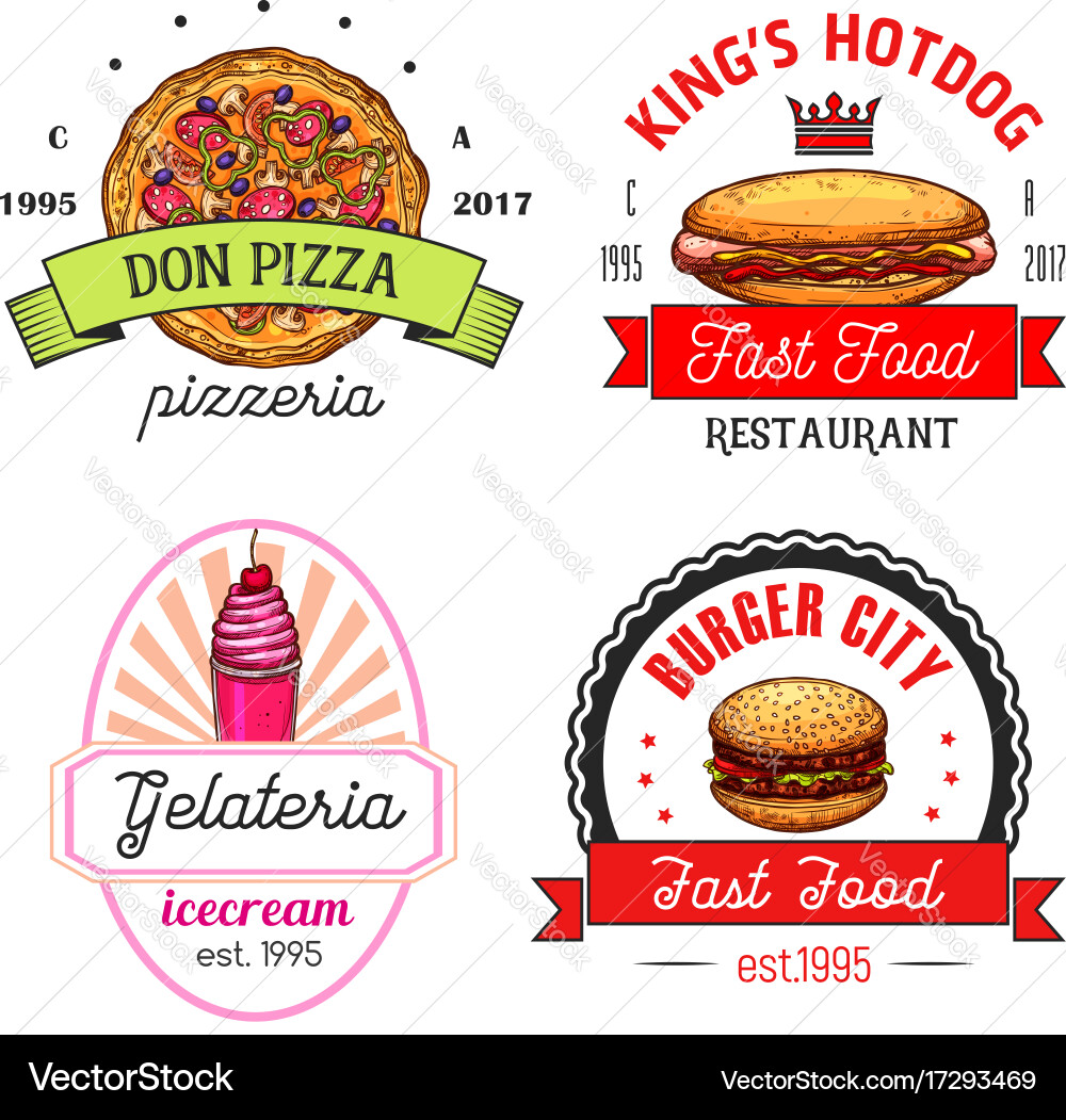 Fast food restaurant cafe and pizzeria emblems Vector Image