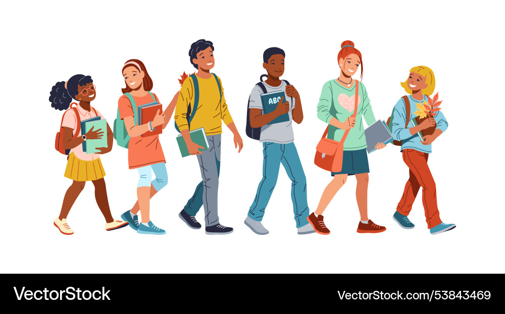 Happy diverse students with books flat Royalty Free Vector