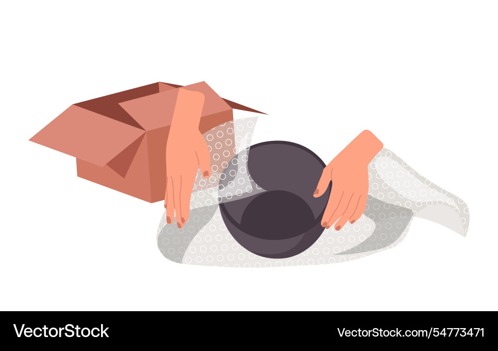 Cartoon female hands packing ceramic bowl Vector Image