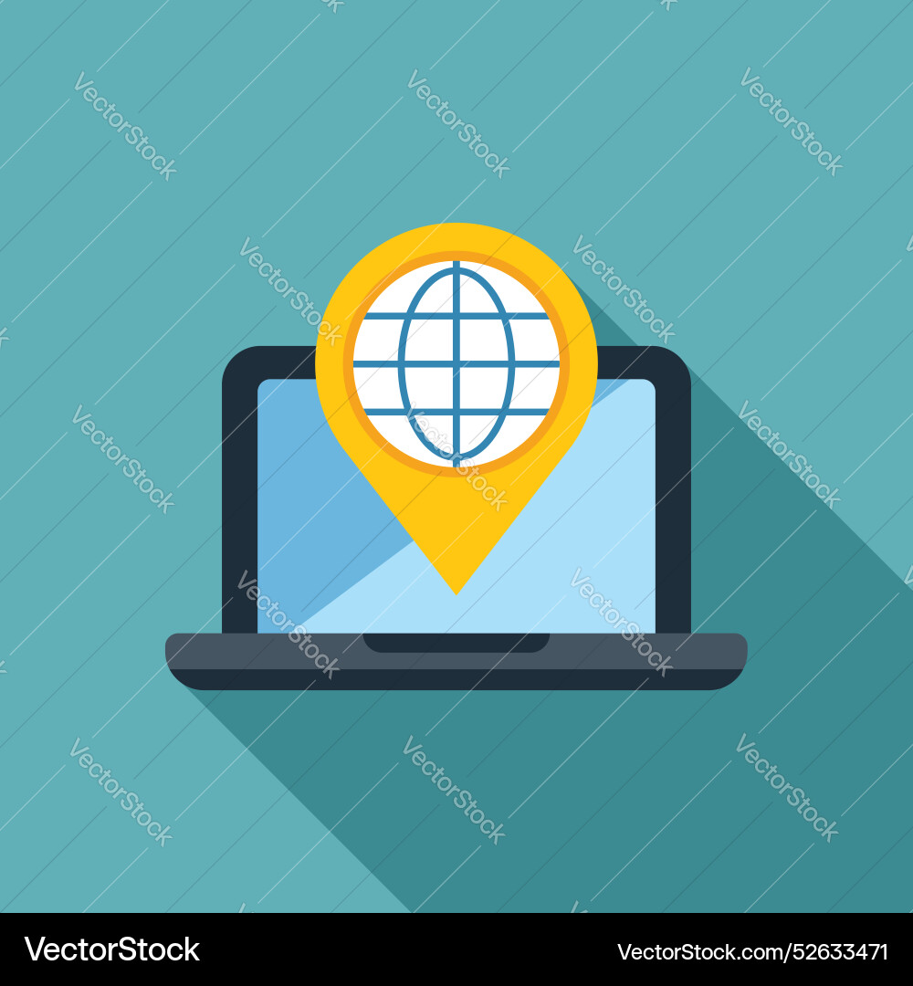 Laptop showing world globe with location pin icon Vector Image