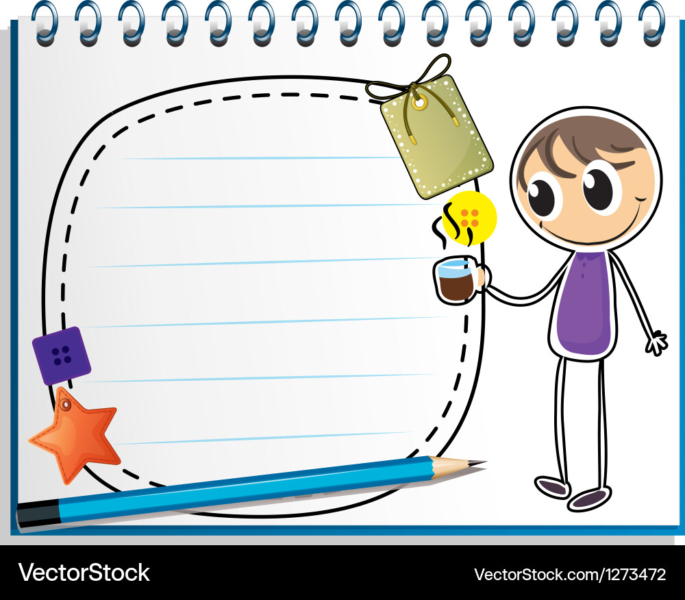 A notebook with drawing of boy holding cup Vector Image