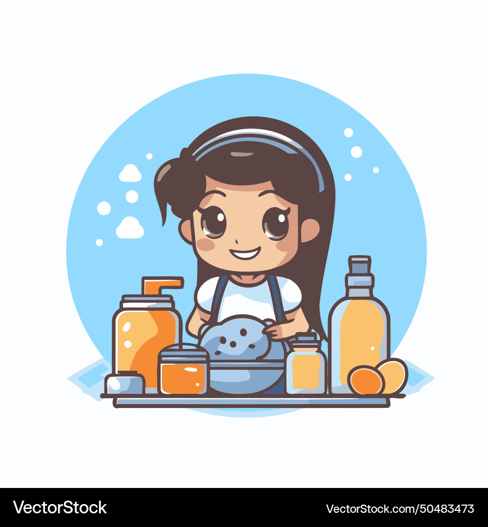 Cute little girl washing dishes in cartoon style Vector Image