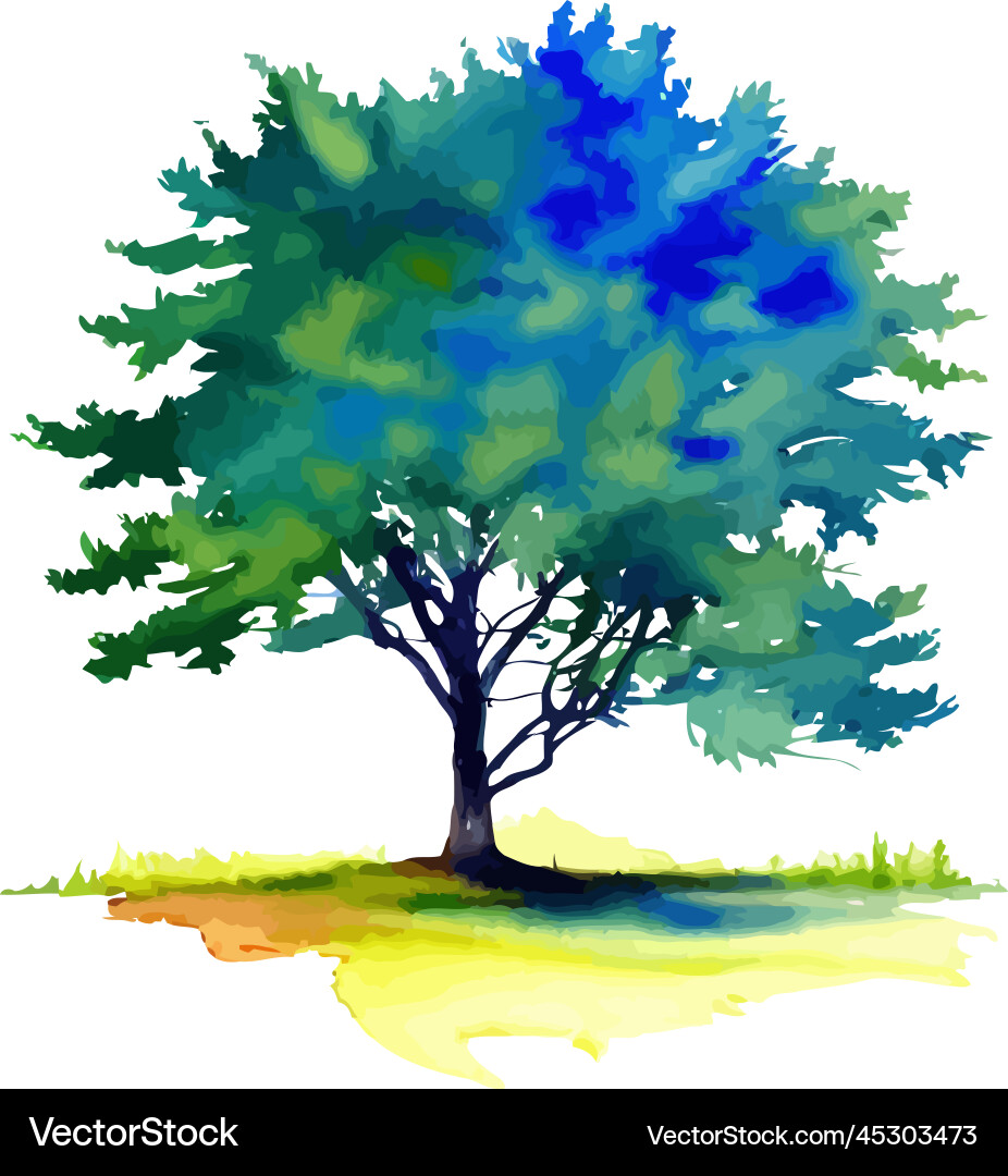 Lush green blue watercolor country tree Royalty Free Vector