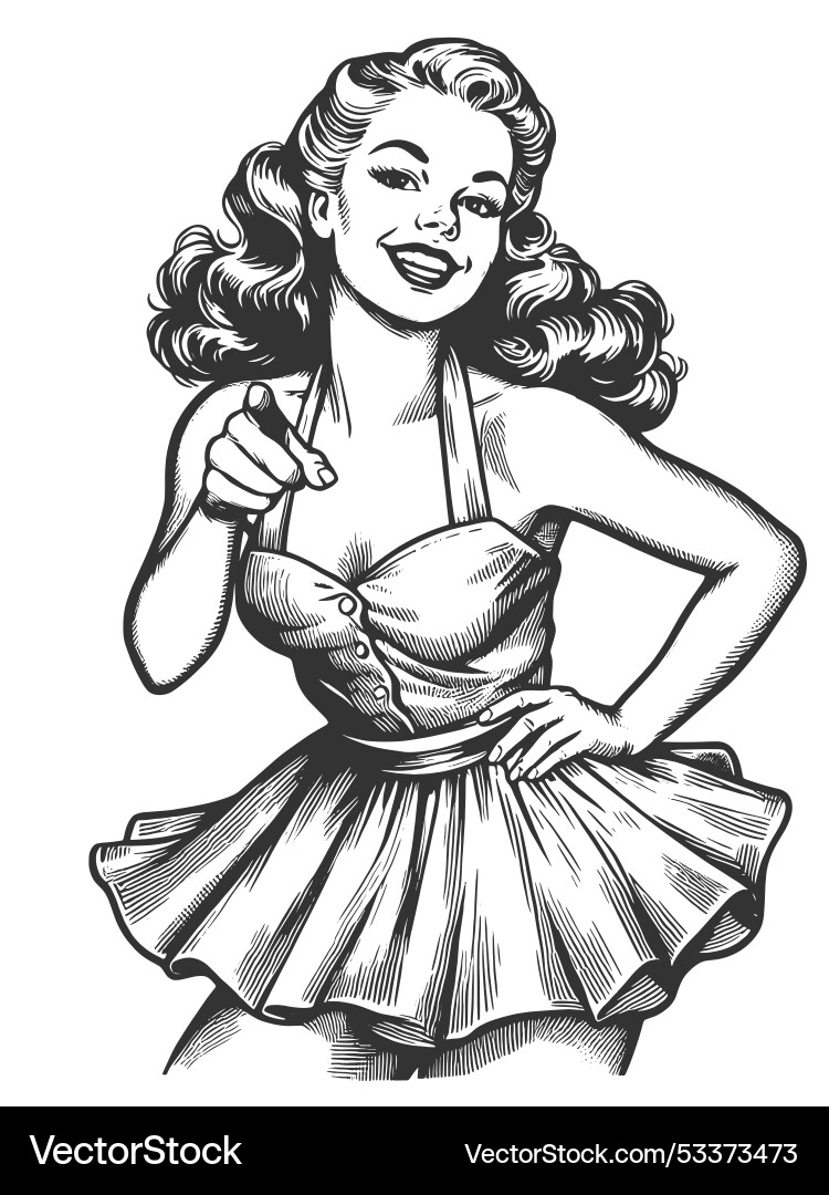 Smiling Pin Up Woman Pointing Forward Royalty Free Vector