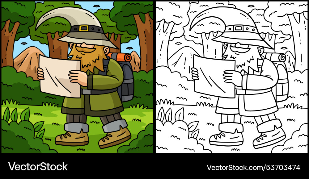 Camping gnome coloring page colored Royalty Free Vector