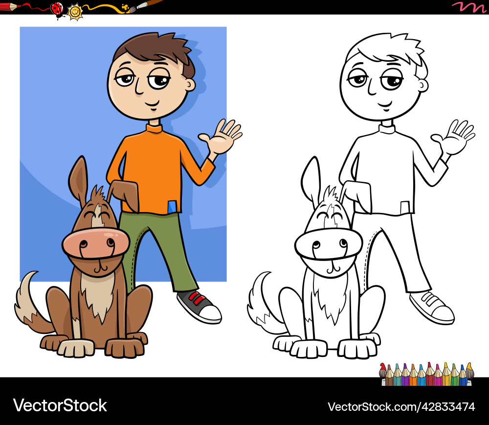 Cartoon boy and his dog coloring page Royalty Free Vector