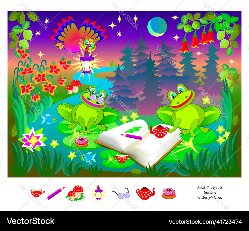 Logic puzzle game for kids find 7 objects hidden Vector Image