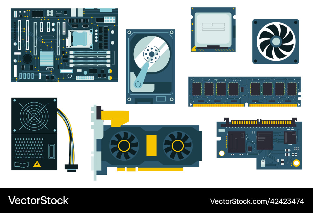 Pc components cpu gpu motherboard cooler ssd Vector Image