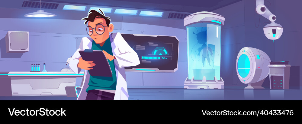 Modern science laboratory with equipment and man Vector Image