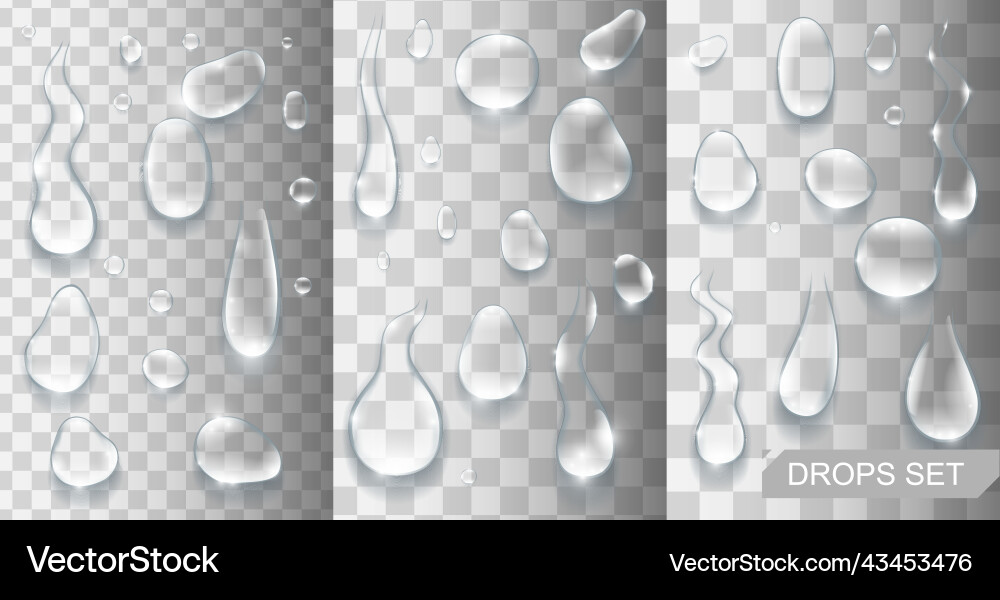 Realistic shining water drops and drips Royalty Free Vector