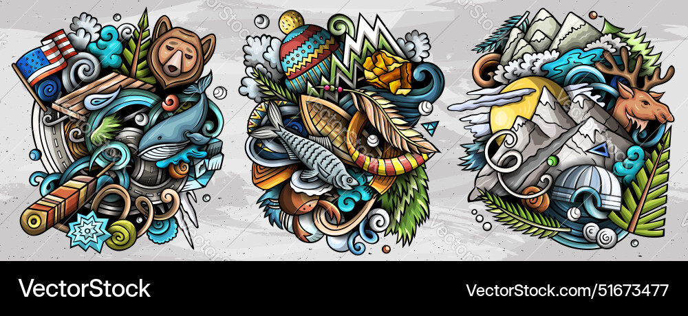 Alaska cartoon doodle designs set Royalty Free Vector Image