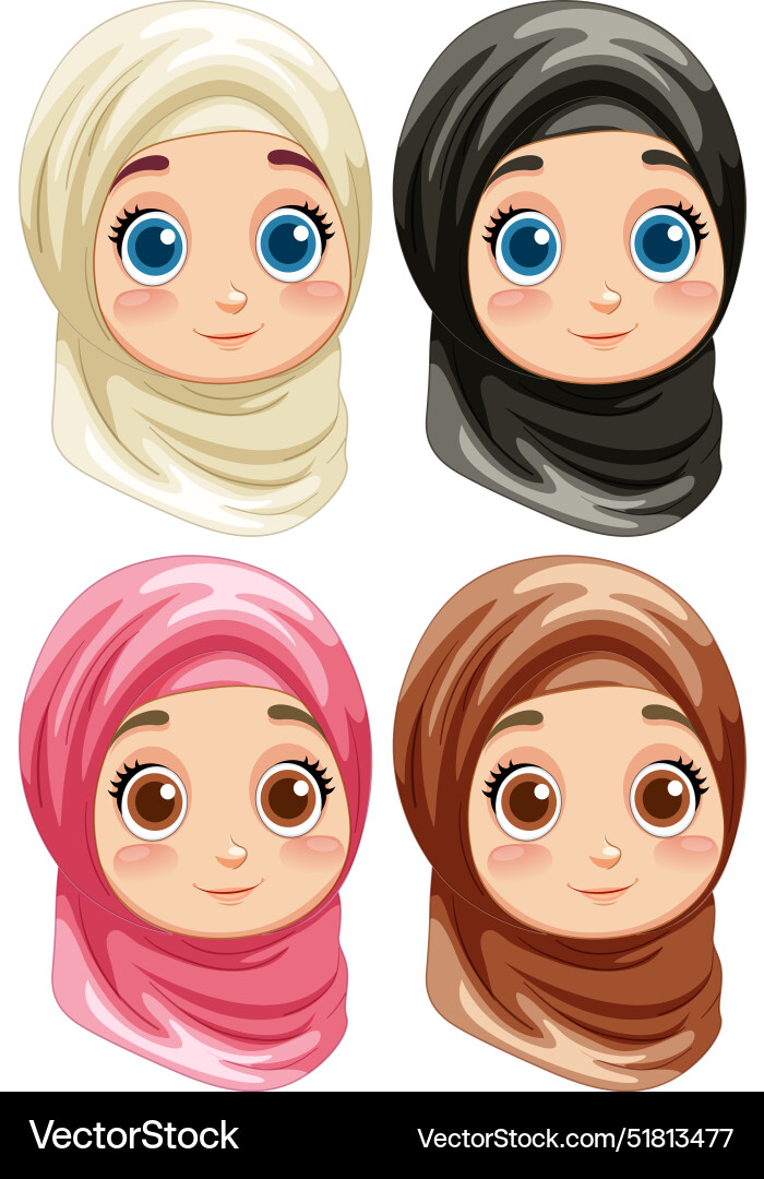 Four girls with different colored hijabs Vector Image