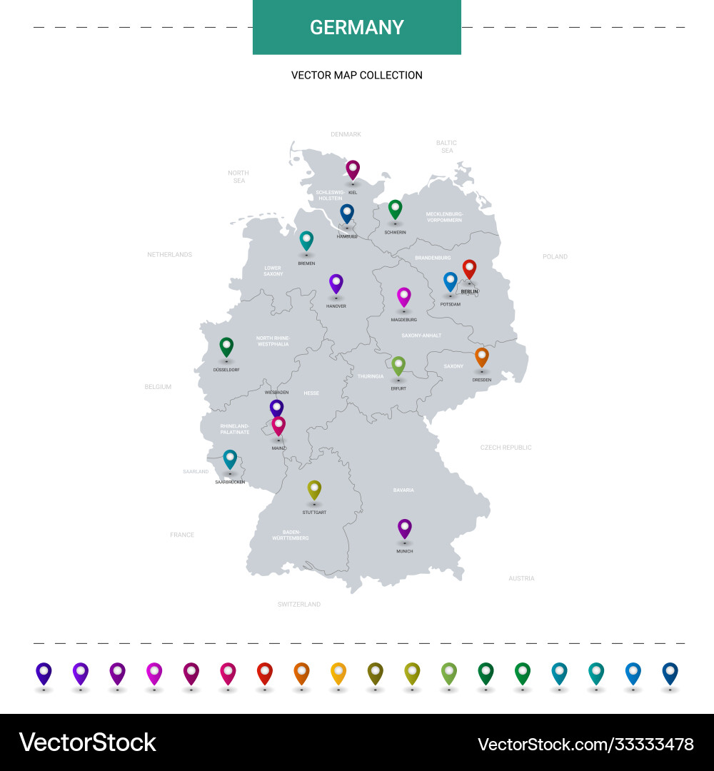 Germany map with location pointer marks Royalty Free Vector