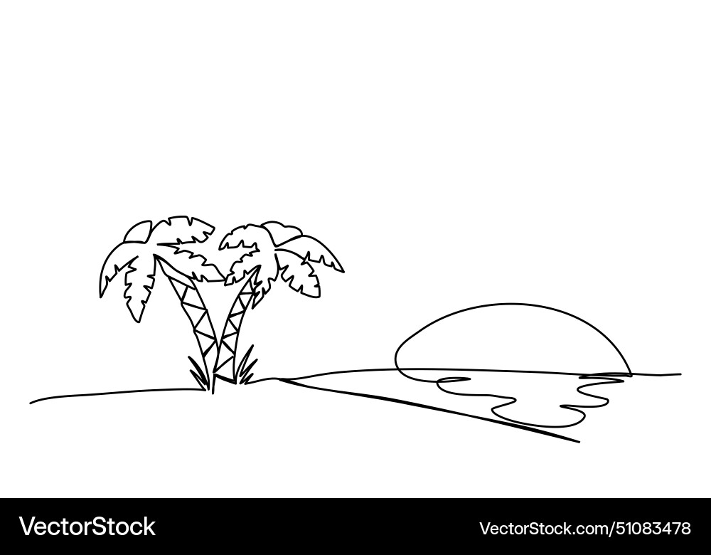 Palm and sunset on the beach one line drawing Vector Image
