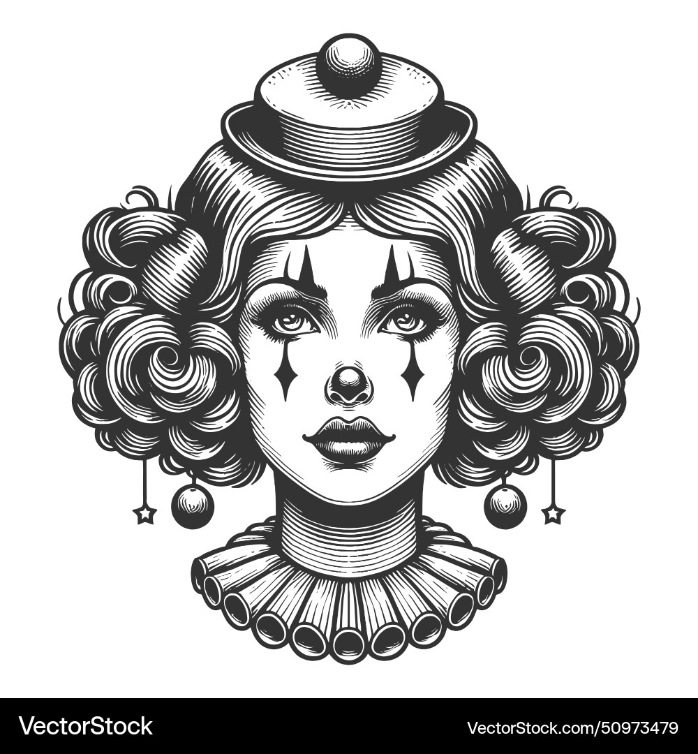 Female clown portrait engraving Royalty Free Vector Image