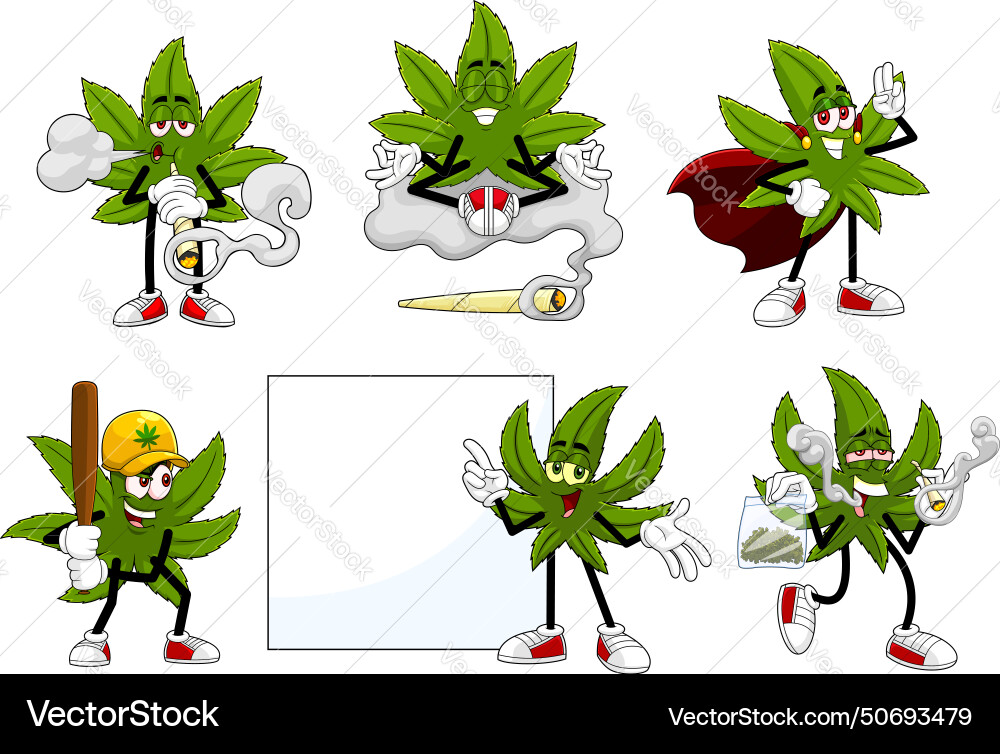 Funny marijuana leaf cartoon characters Royalty Free Vector