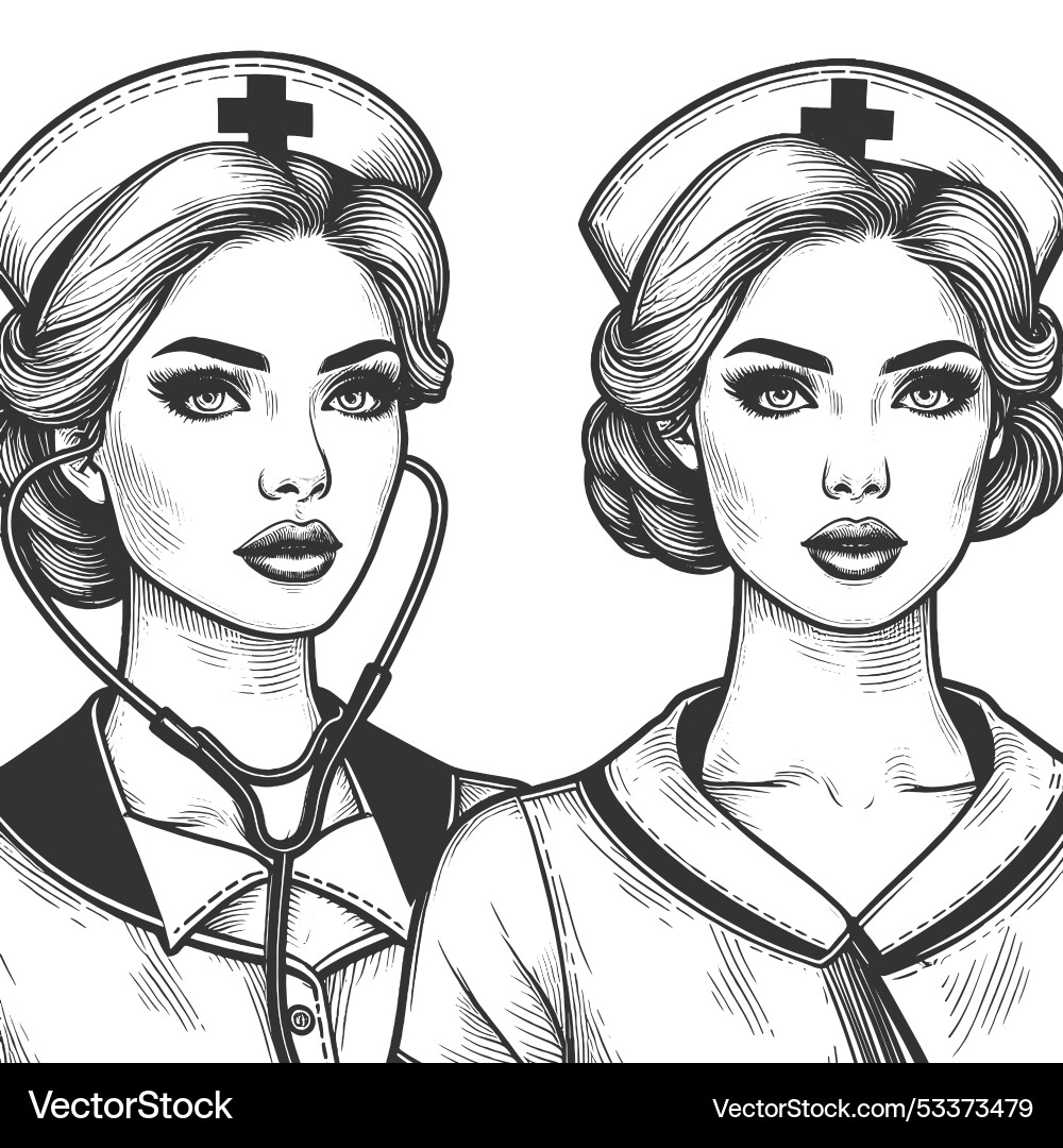 Two nurses uniform engraving Royalty Free Vector Image