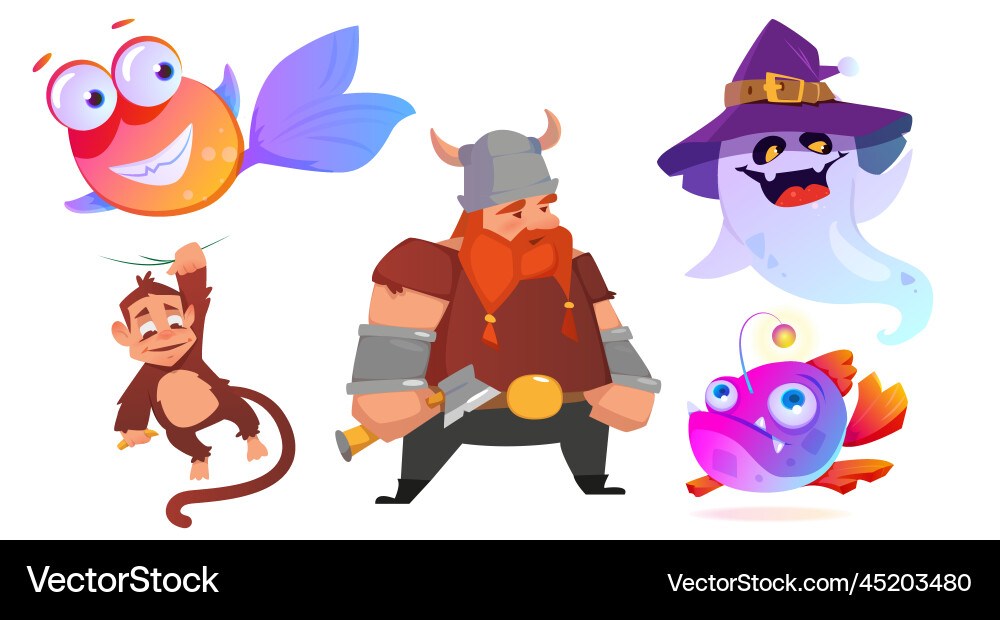 Game characters with viking monkey fish Royalty Free Vector