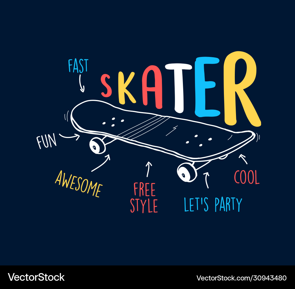 Hand drawing print design skateboard and slogans Vector Image