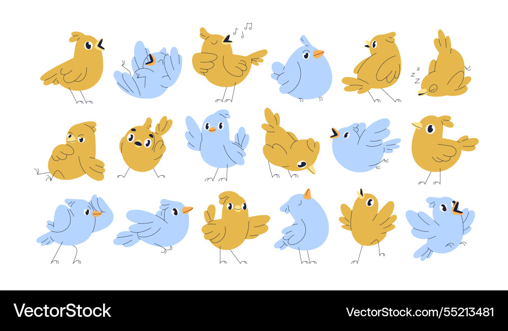 Cute birds set kawaii comic winged characters Vector Image