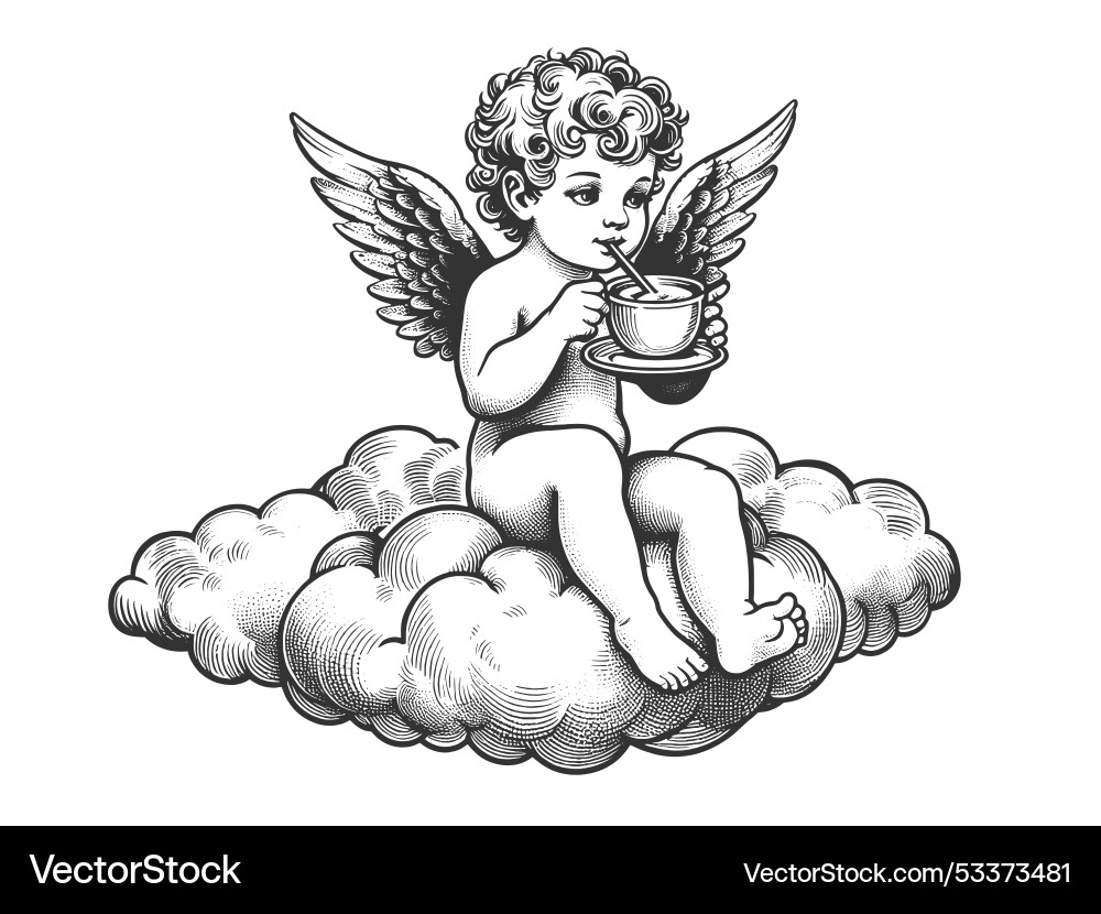Cute cherub sitting on cloud coffee cup Royalty Free Vector