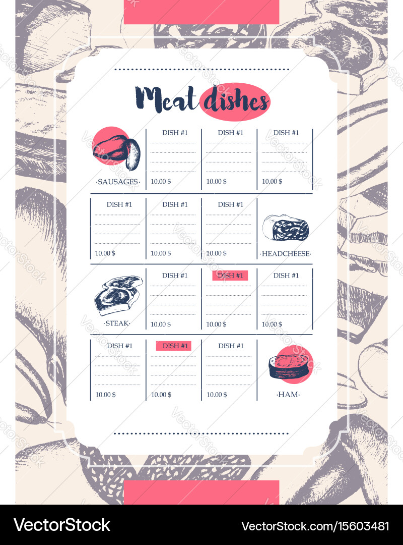 Processed meat - hand drawn template menu Vector Image