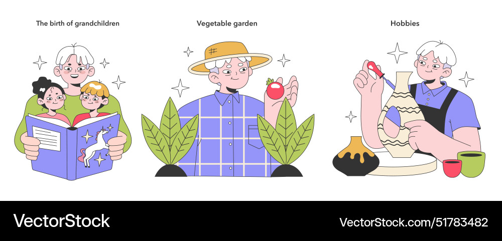 Senior life milestones set getting old Royalty Free Vector