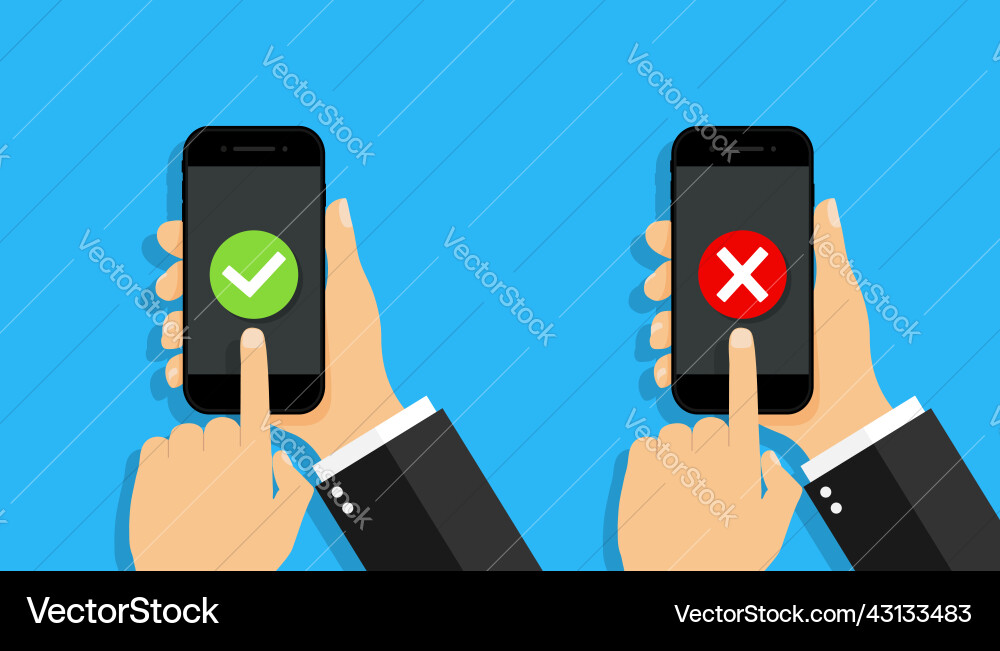 Cross or tick in smartphone phone hand Royalty Free Vector