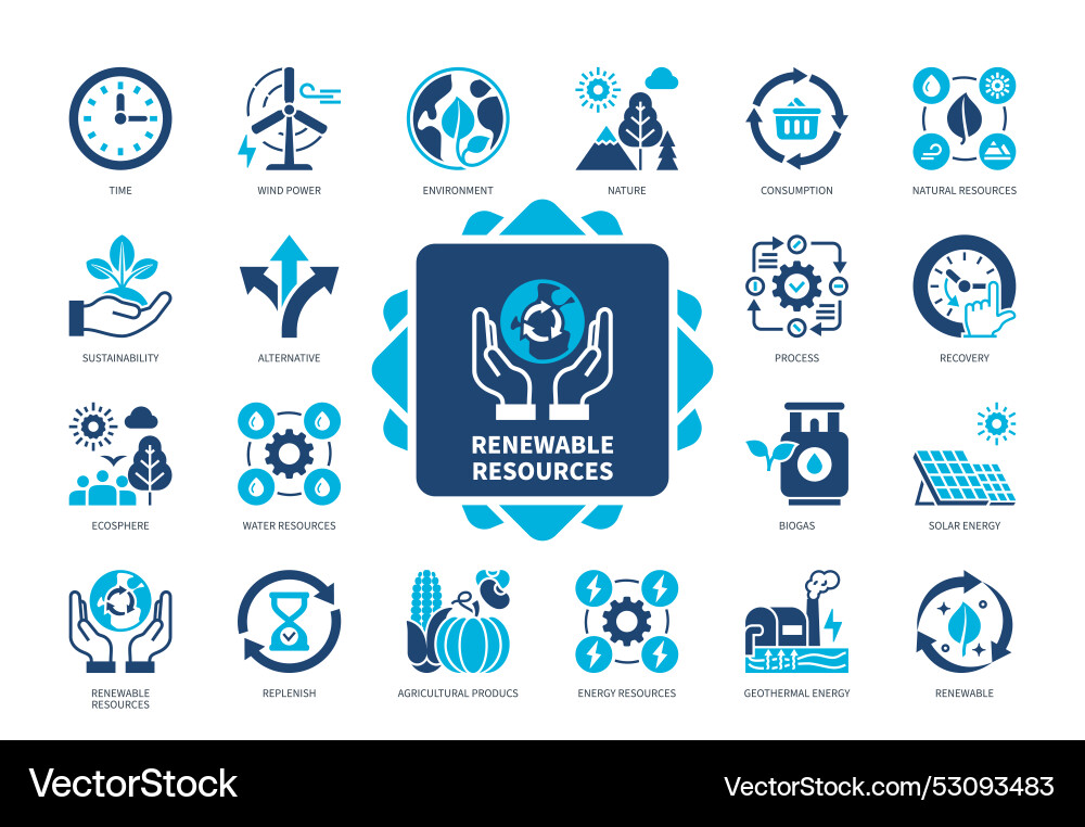 Renewable resources solid icon set Royalty Free Vector Image