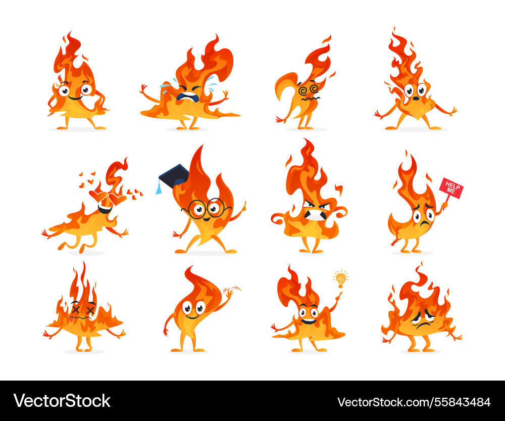Fire smile character poses in various expressions Vector Image