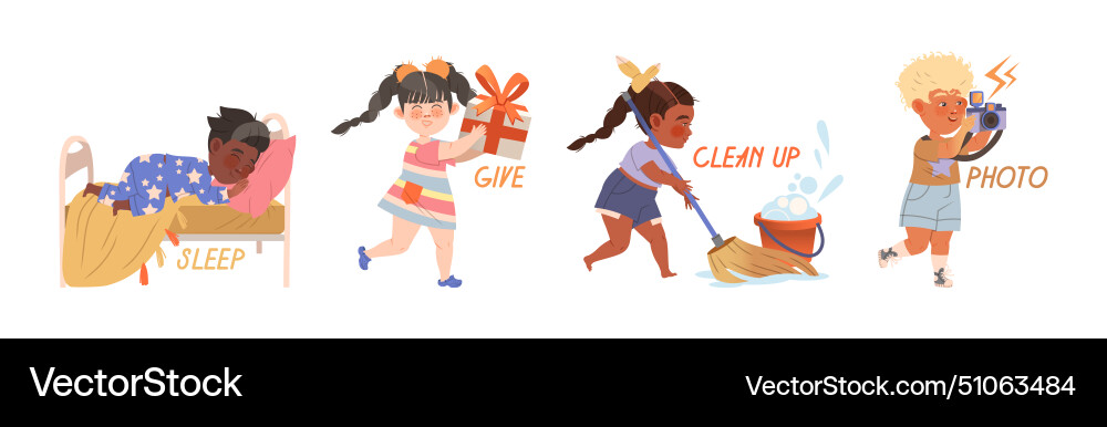 Kid character demonstrate action verb and word Vector Image