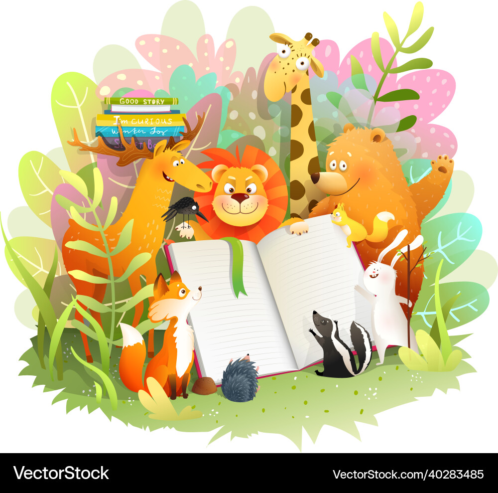 Bear and animals reading story book in forest Vector Image