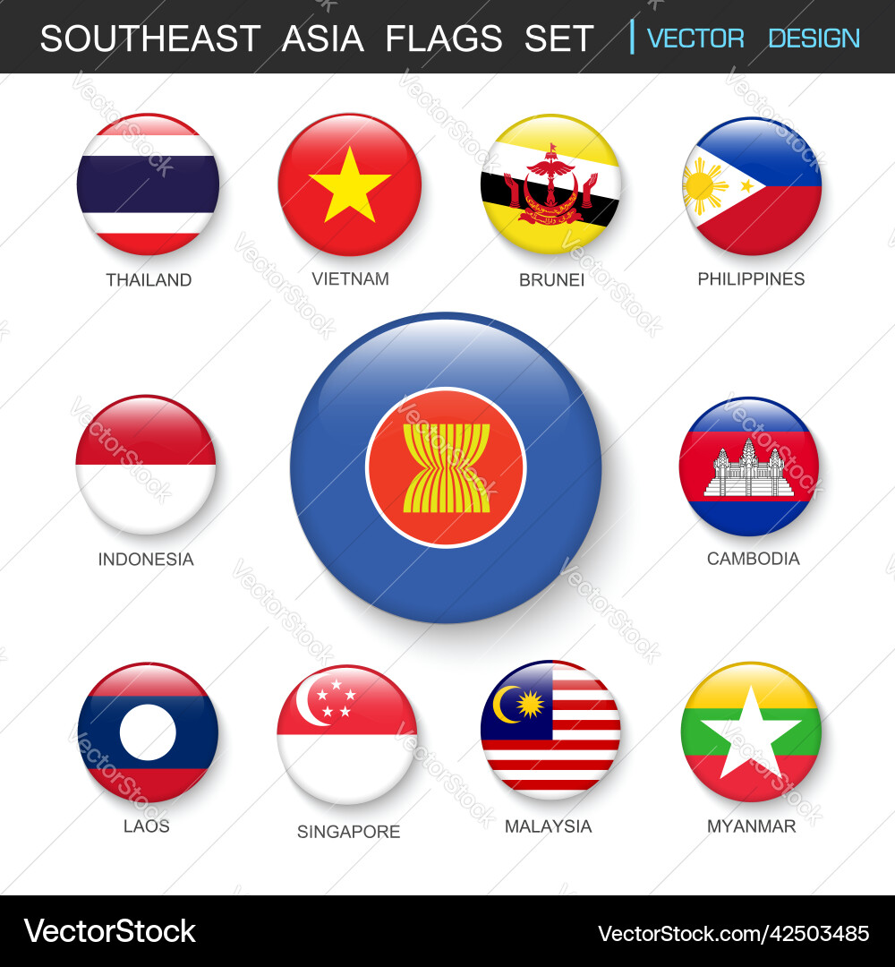 Southeast asia flags set and members in botton Vector Image