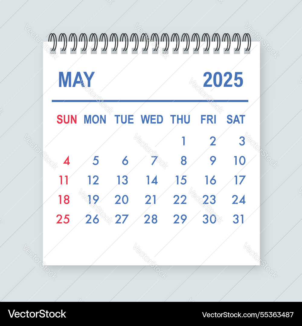May 2025 calendar page showing days weeks Vector Image
