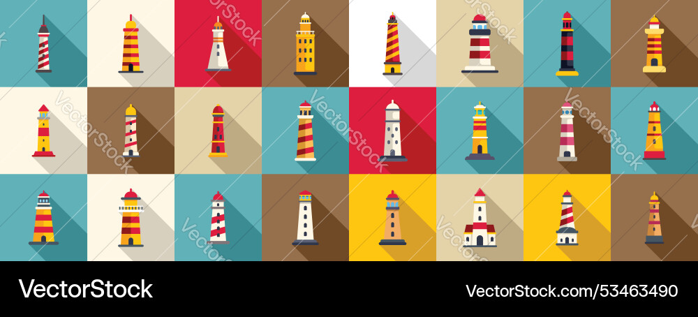 Beacon tower cliff icons set collection Royalty Free Vector