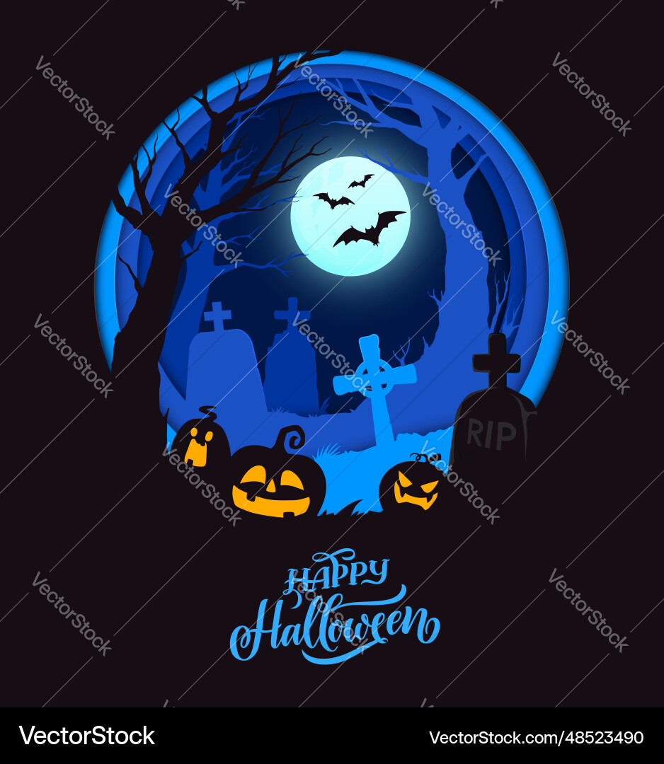 Halloween paper cut midnight cemetery silhouette Vector Image