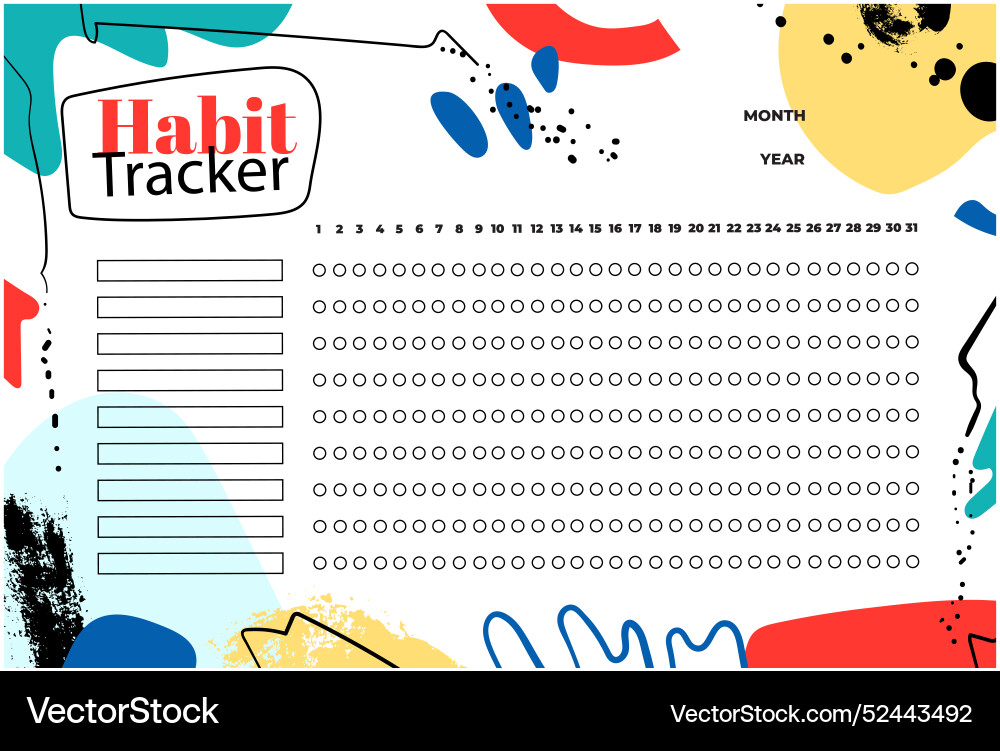 Habit tracker template colorful shapes Royalty Free Vector